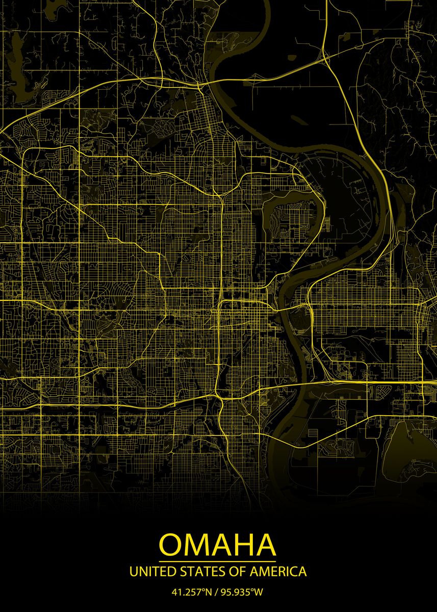 'Omaha Nebraska Yellow Map' Poster, picture, metal print, paint by Wall ...