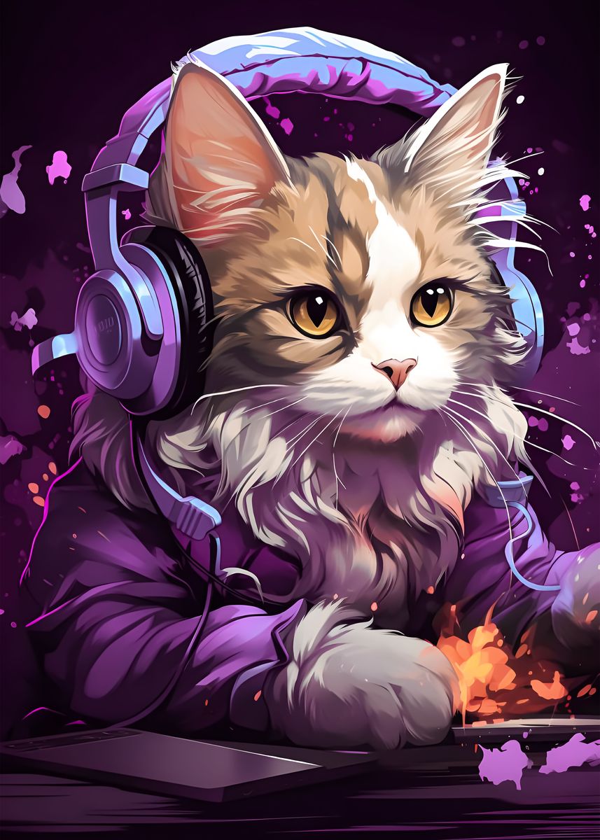 'Neon Gamer Cat' Poster, picture, metal print, paint by Kart Jason ...