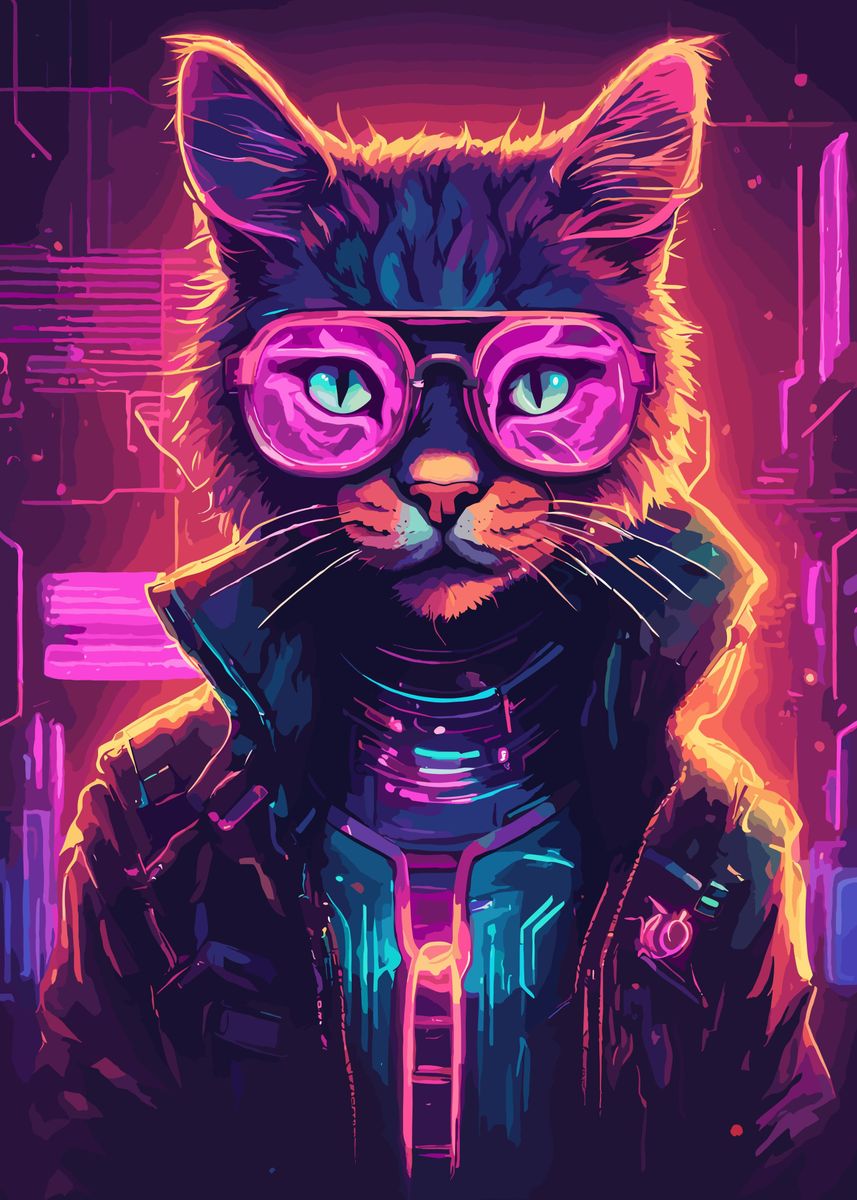 'Neon Cat Cyberpunk Animal' Poster, picture, metal print, paint by Art Jiyuu | Displate