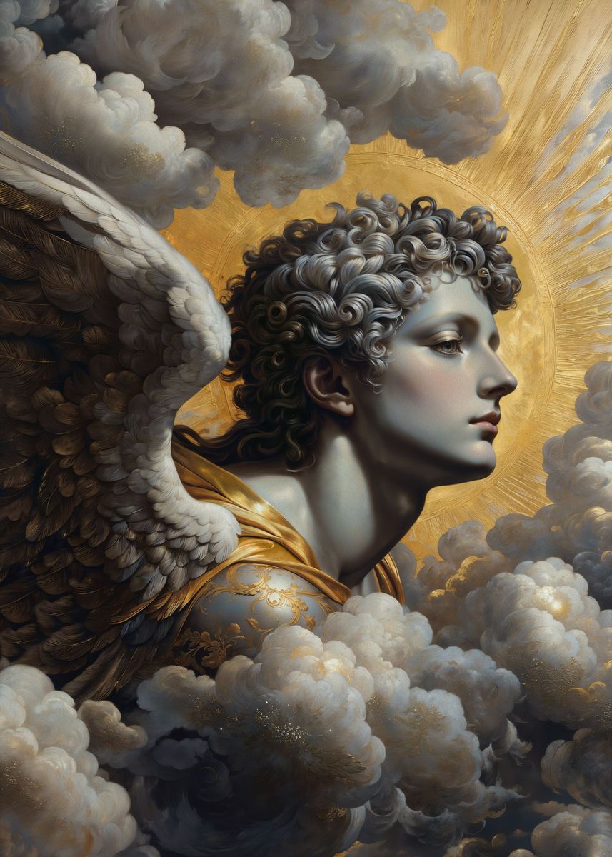 'Gold X Angel in the clouds' Poster, picture, metal print, paint by uglypinkmachine | Displate
