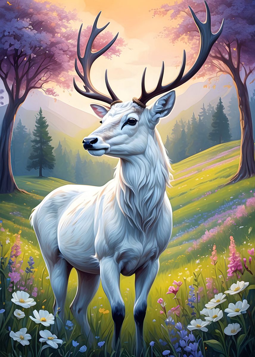 'Cute White Stag in Meadow' Poster, picture, metal print, paint by ...