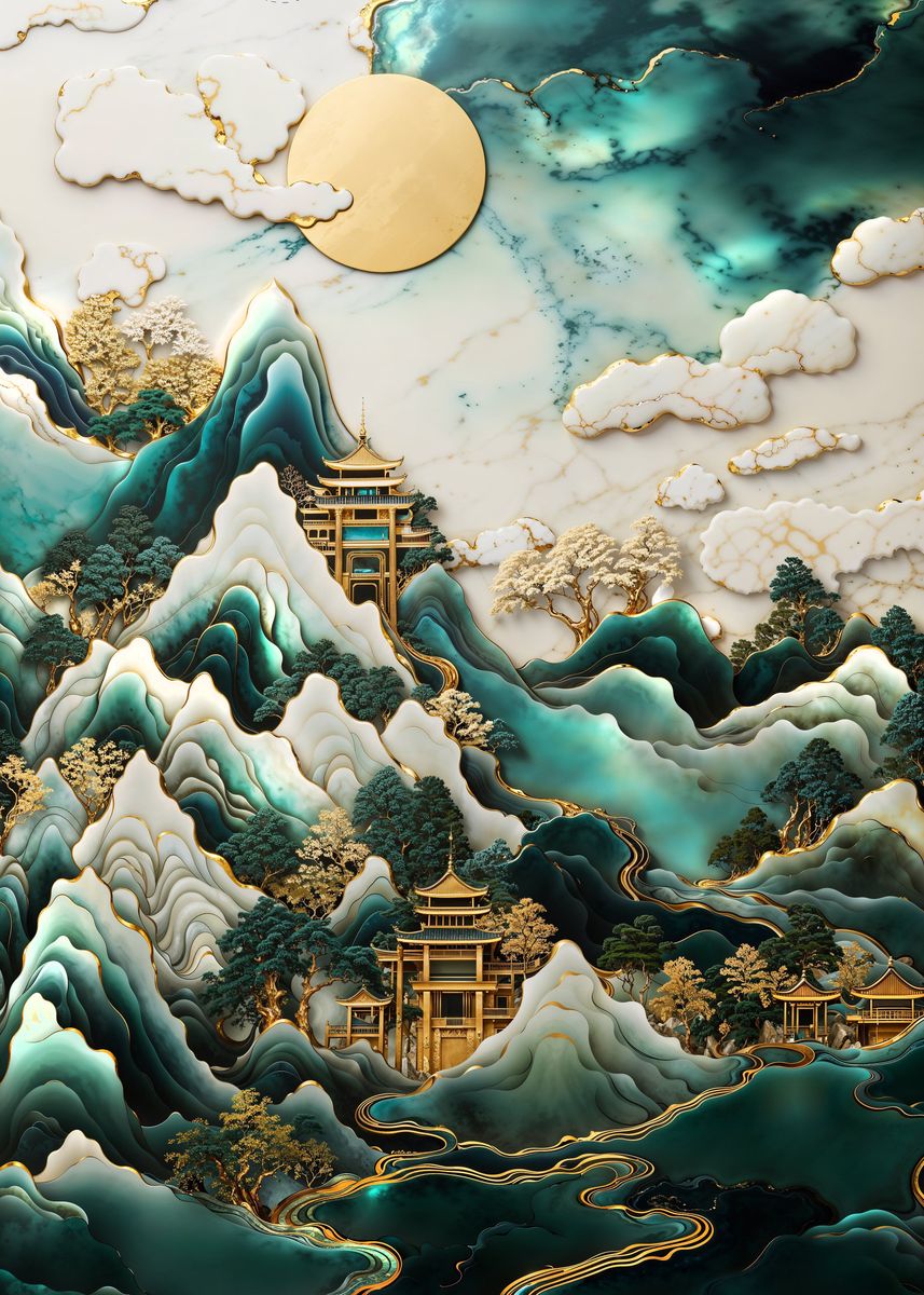 'Golden Kintsugi Sanctuary' Poster, picture, metal print, paint by ...