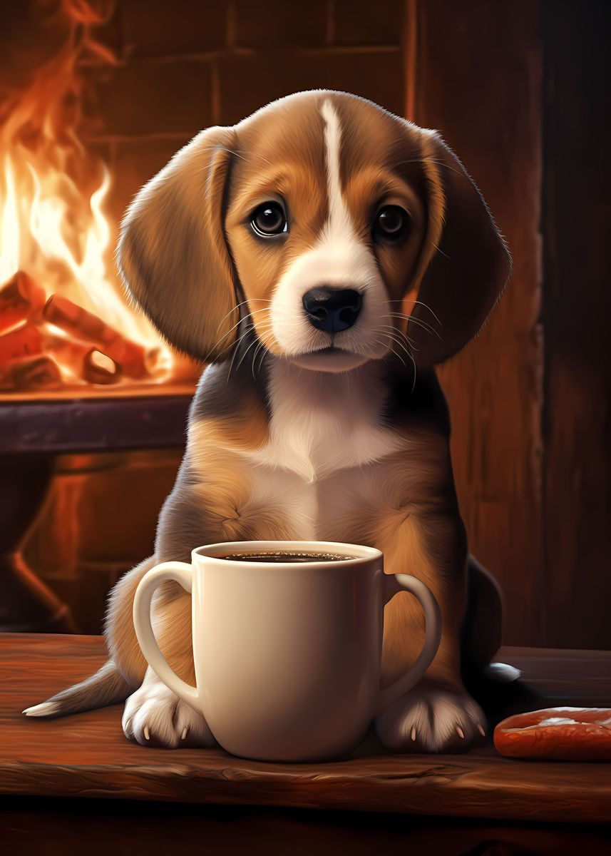 'Cute Dog Puppy Coffee Pup' Poster, picture, metal print, paint by ...