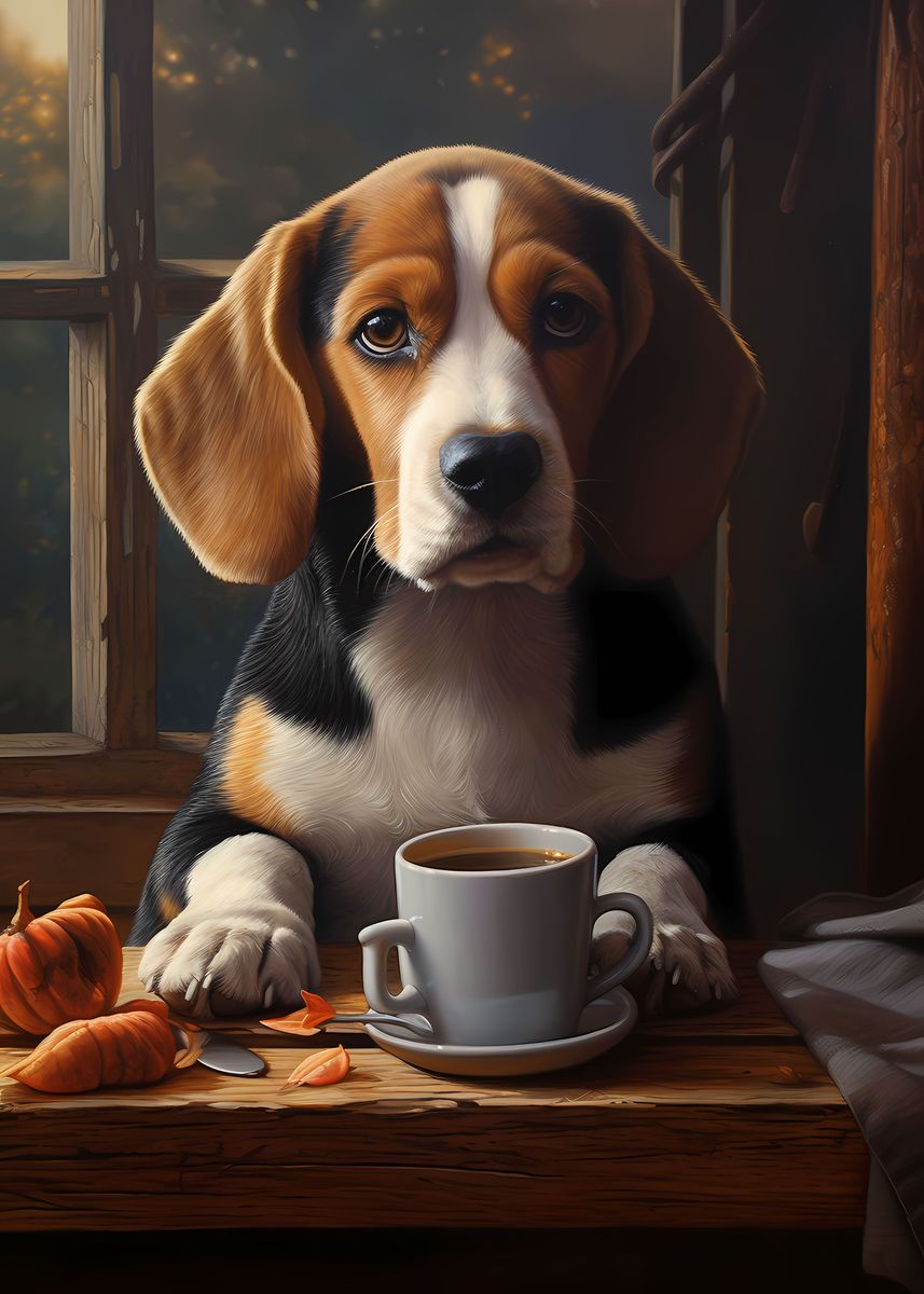 'Cute Dog Puppy Coffee Pup' Poster, picture, metal print, paint by ...
