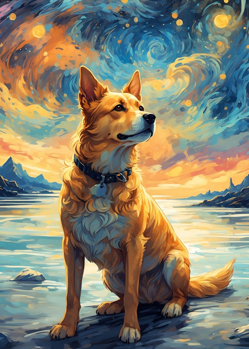 'Dog Starry Night Painting' Poster, picture, metal print, paint by ...