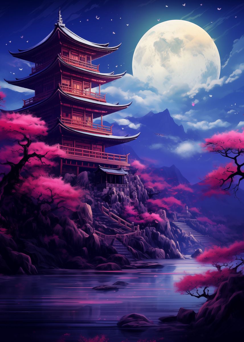 'Japan Temple Neon Wall Art' Poster, picture, metal print, paint by ...