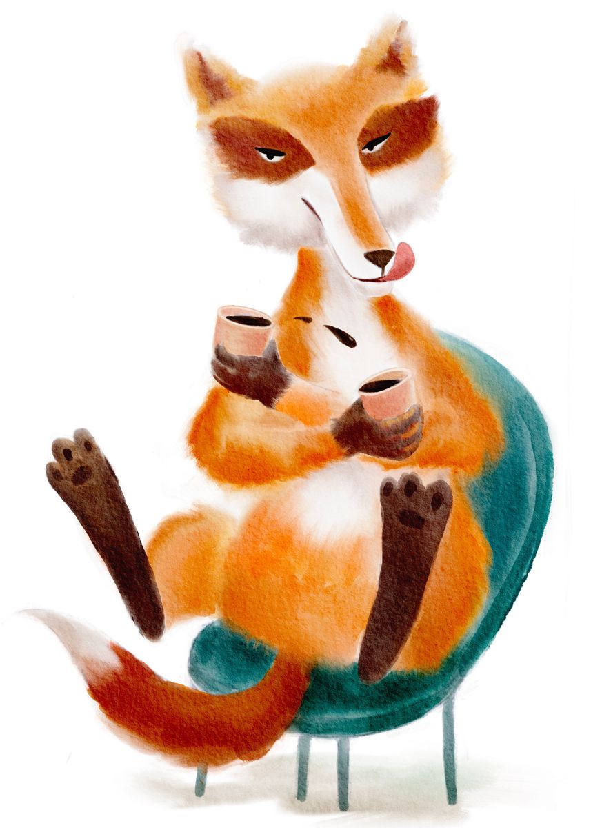 'Cute Fox Drinking Coffee' Poster, picture, metal print, paint by Lukes ...