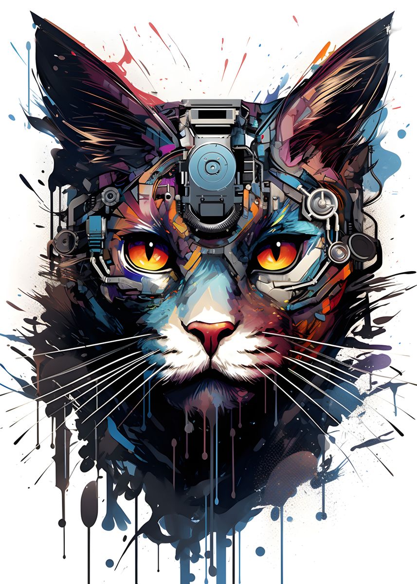 'Cyborg Cat Painting' Poster, picture, metal print, paint by Chris ...