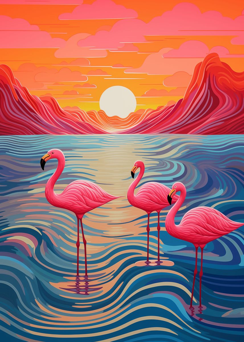 'Flamingos and Sunset' Poster, picture, metal print, paint by Akaiji ...