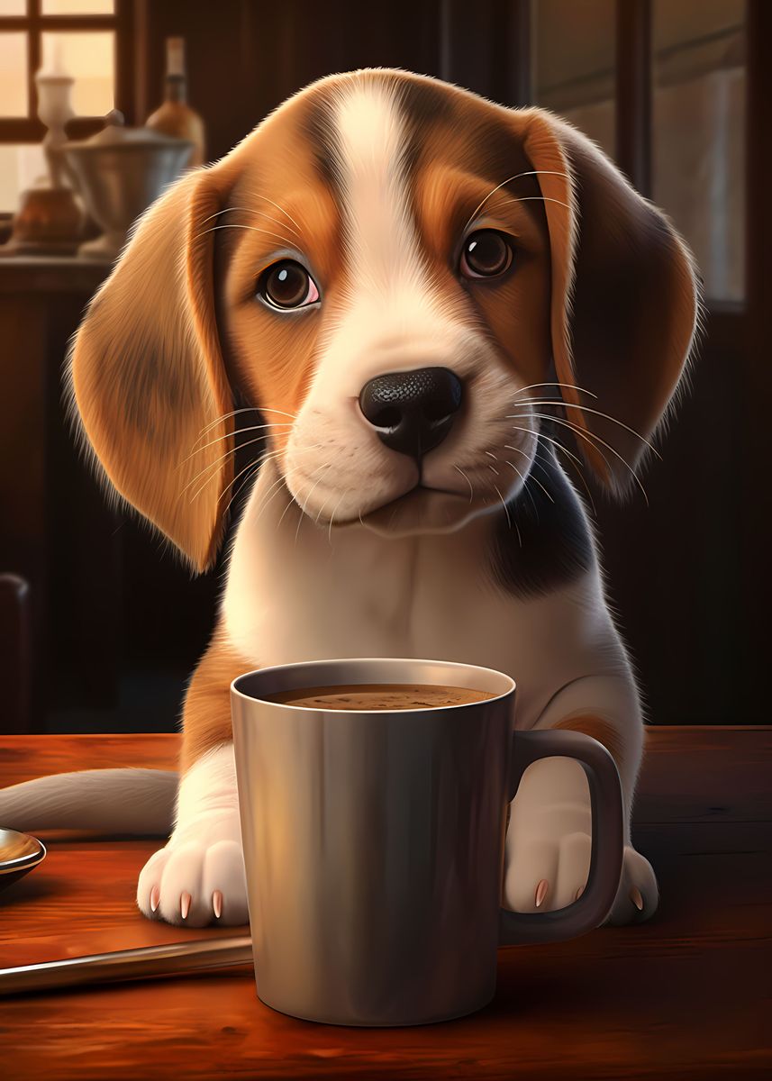 'Cute Dog Puppy Coffee Pup' Poster, picture, metal print, paint by ...