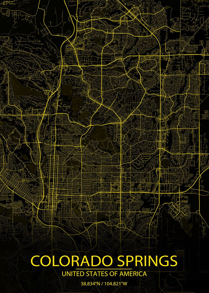 'Colorado Springs YellowMap' Poster, picture, metal print, paint by ...