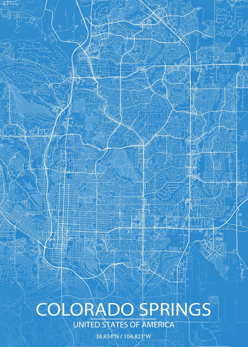 'Colorado Springs Blue Map' Poster, picture, metal print, paint by Wall ...