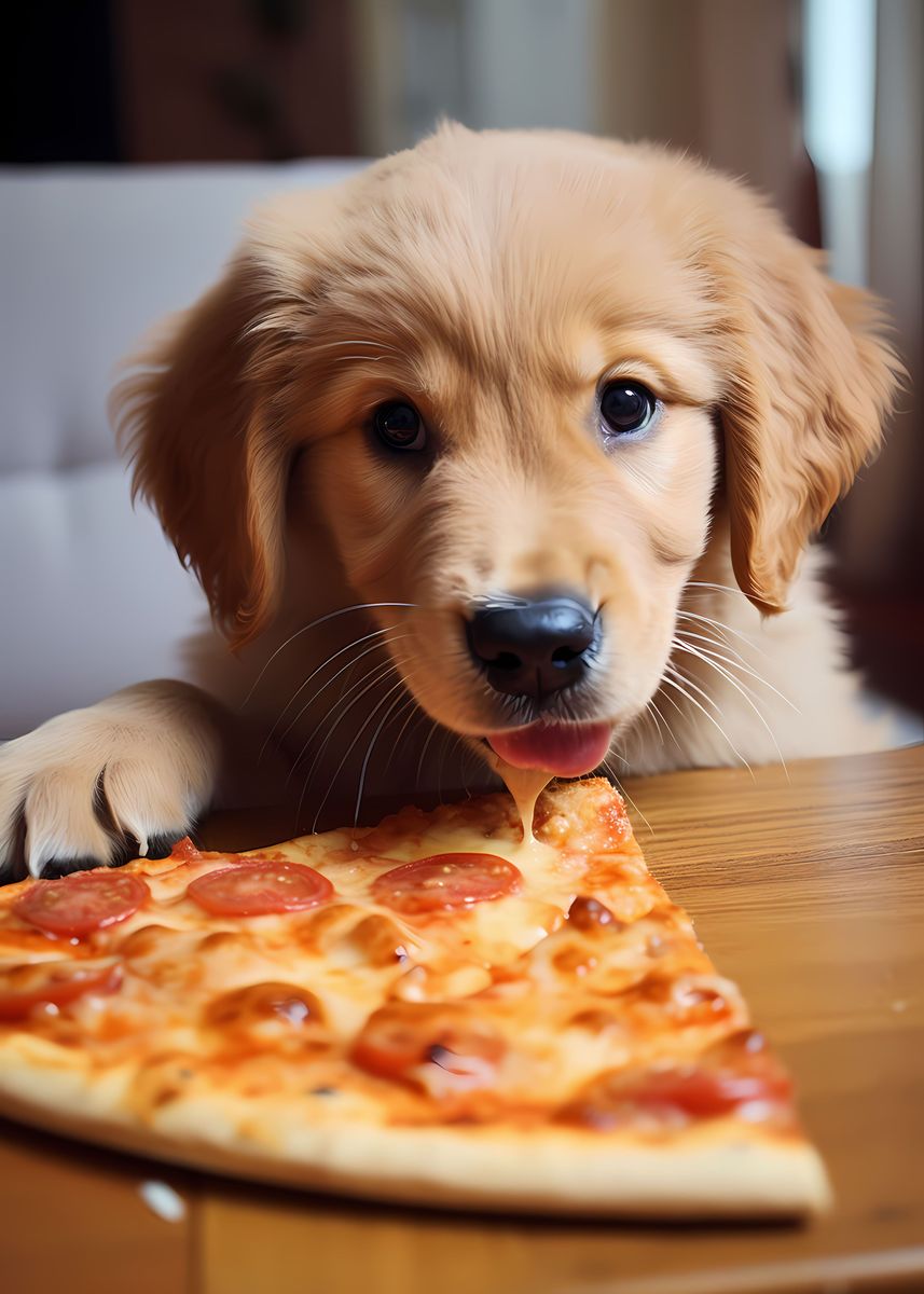 'Golden Retriever Pizza Pup' Poster, picture, metal print, paint by ...