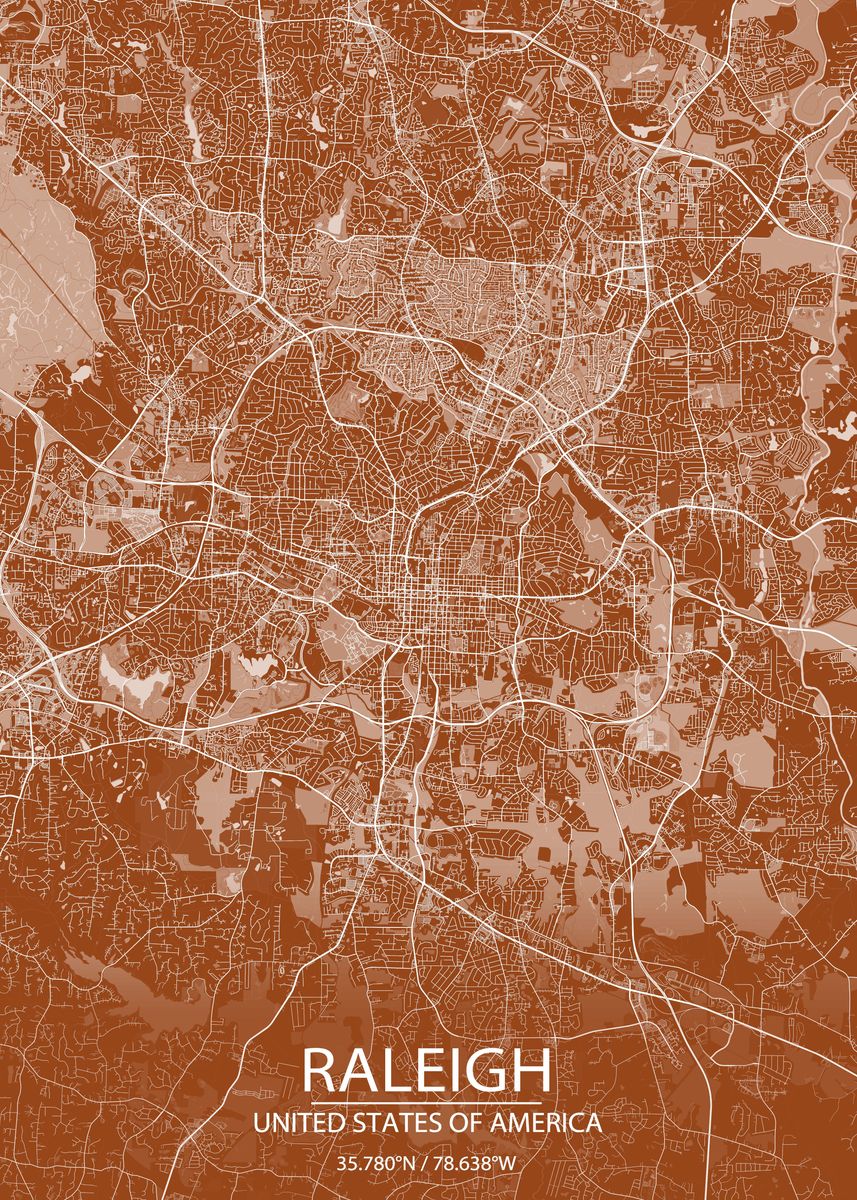 'Raleigh NC USA Brown Map' Poster, picture, metal print, paint by Wall ...
