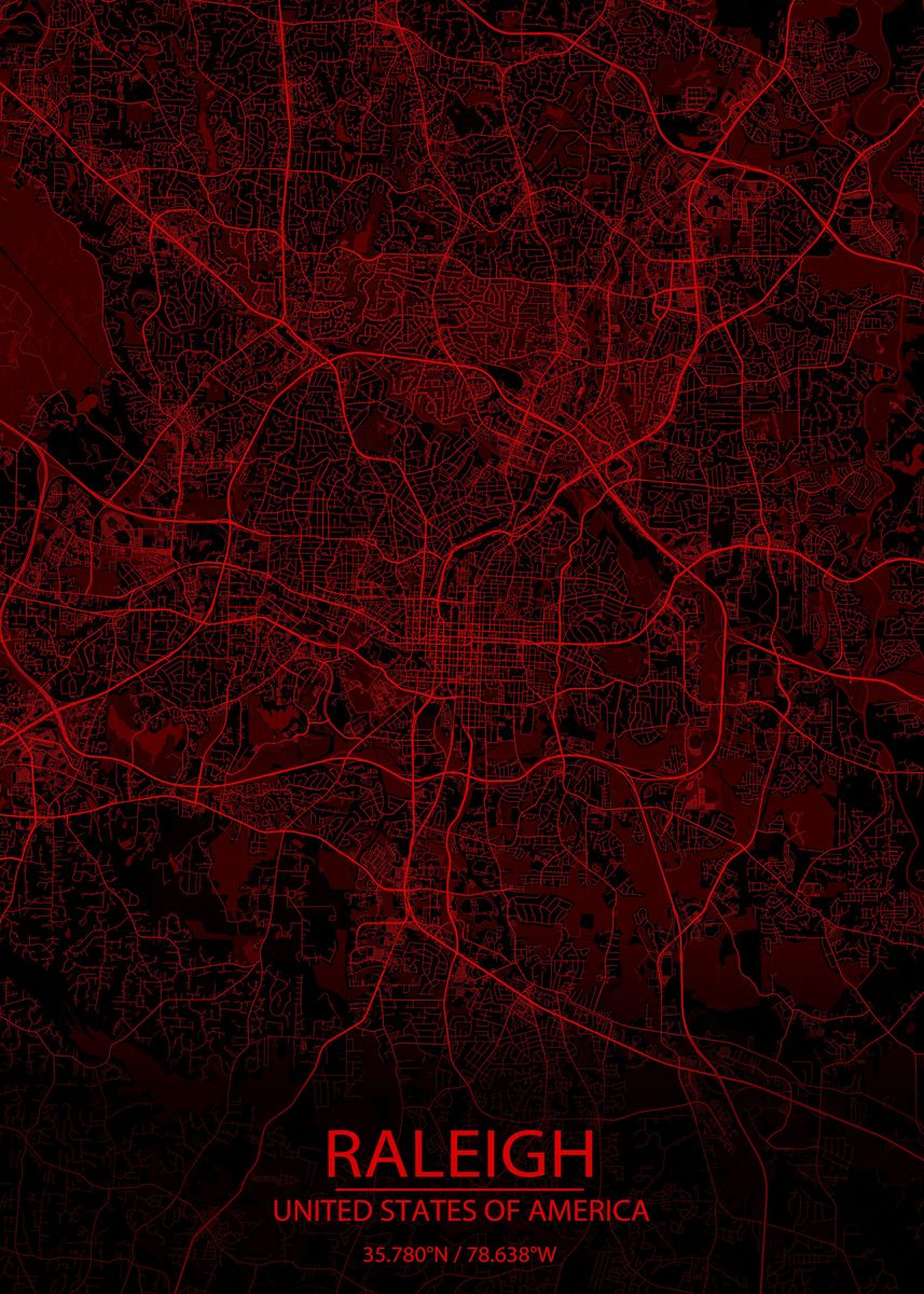 'Raleigh NC Red Black Map' Poster, picture, metal print, paint by Wall ...
