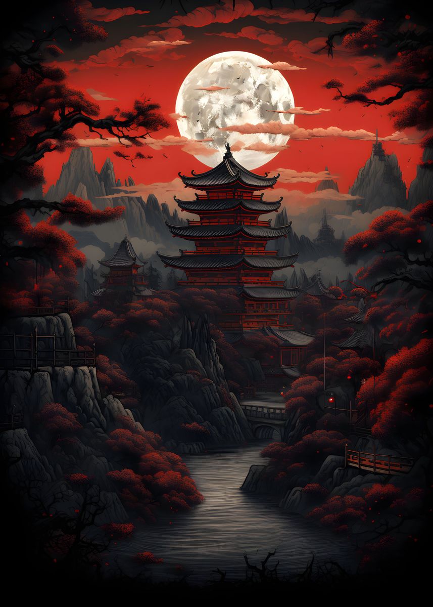 'Red Moon Japan Art' Poster, picture, metal print, paint by youssef el ...