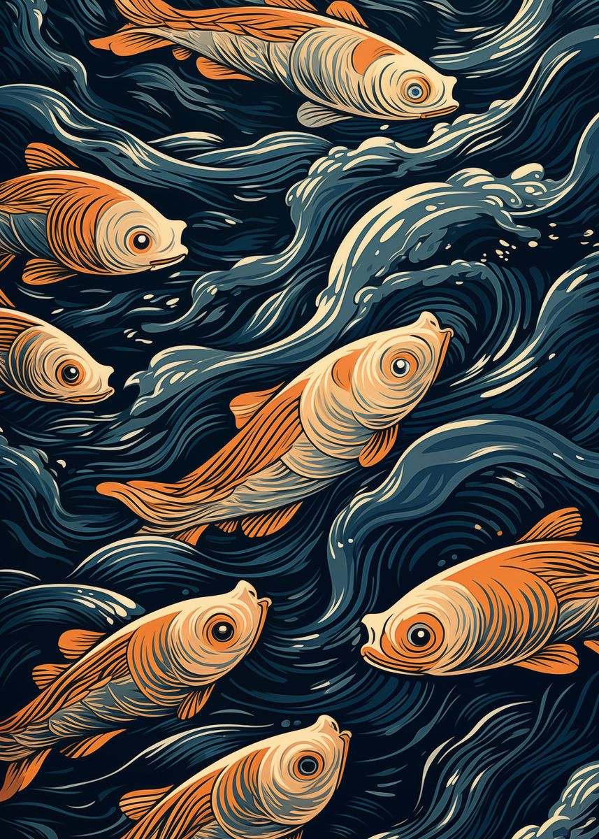 'Wavy Fish Swimming' Poster, picture, metal print, paint by Akaiji ...