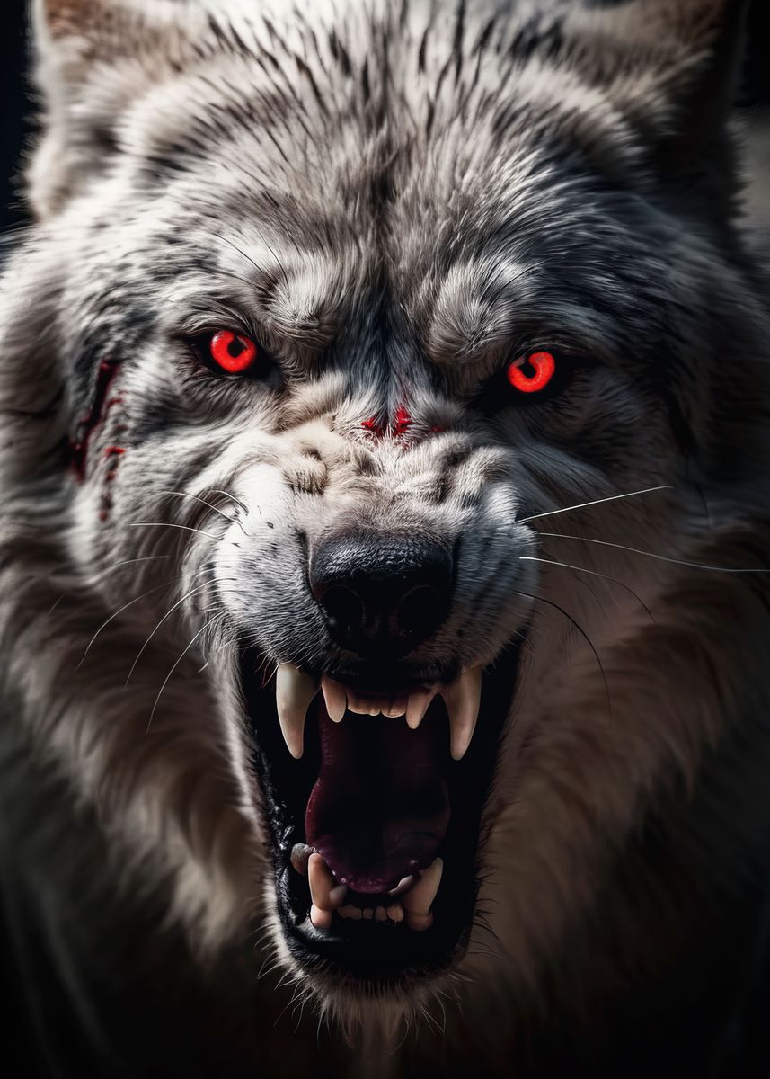 'white angry wolf red eyes' Poster, picture, metal print, paint by mk ...