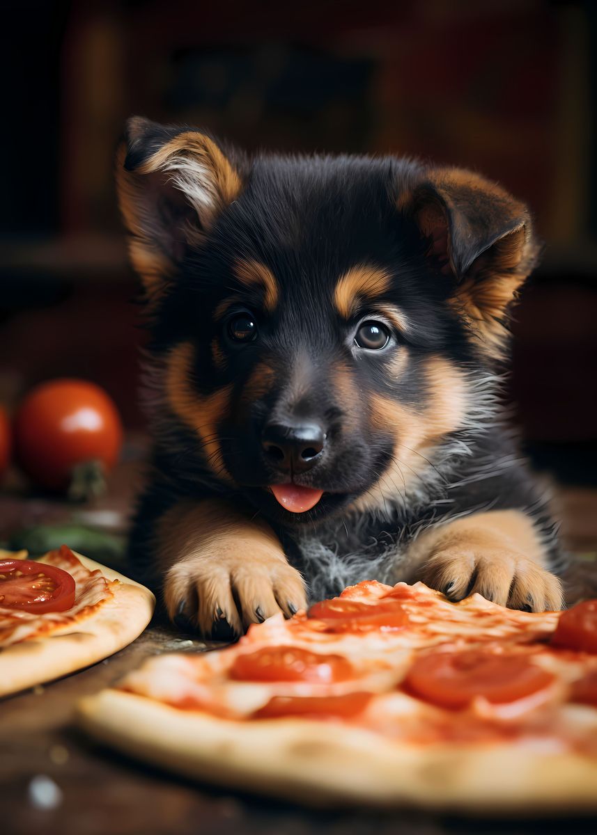 'German Shepherd Pizza Pup' Poster, picture, metal print, paint by ...