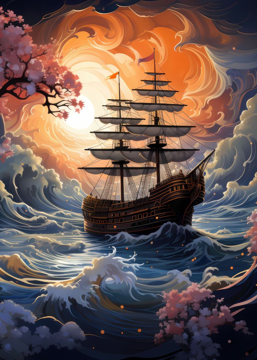 'Cherry Blossom Pirate Ship' Poster, picture, metal print, paint by Kim ...