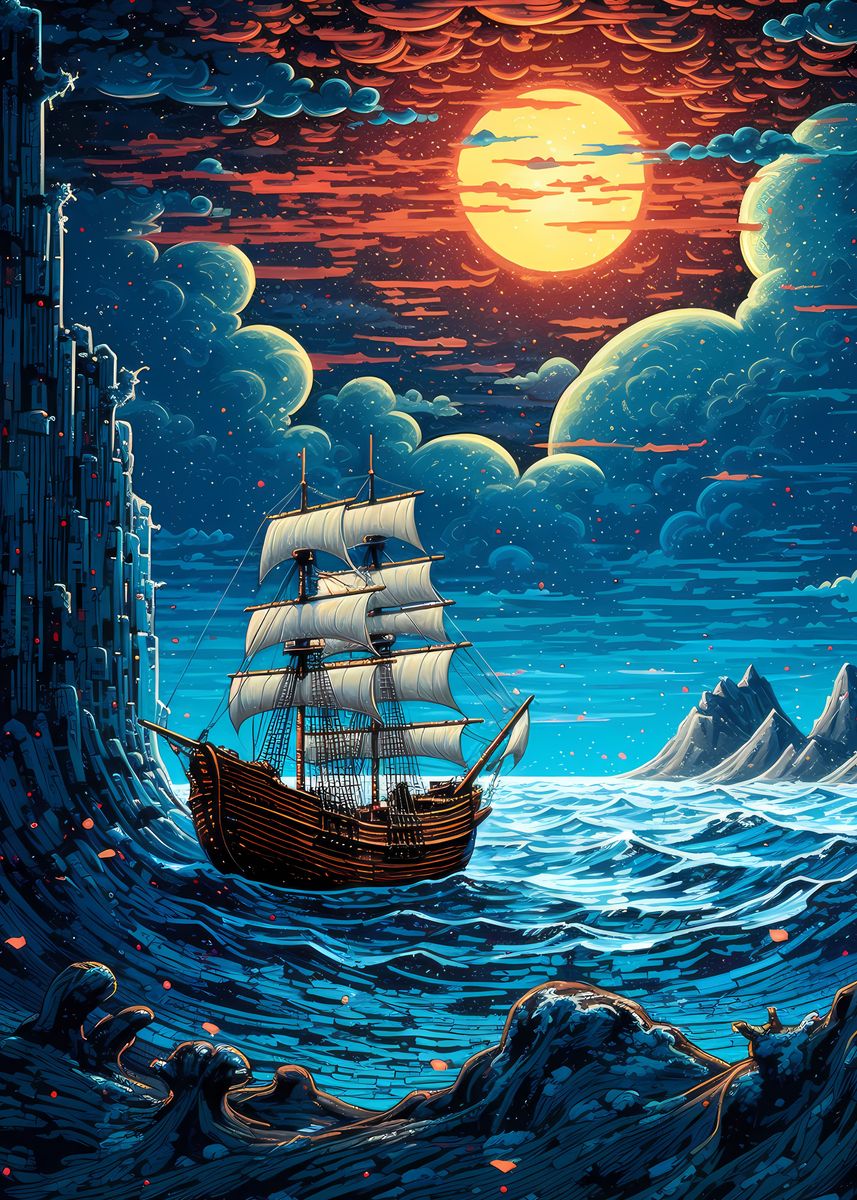 'Ship in the night ocean ' Poster, picture, metal print, paint by Kim ...
