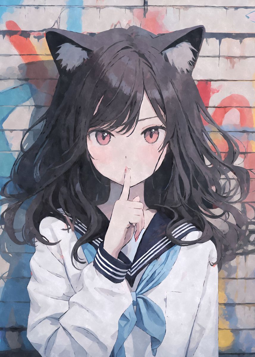 'Anime School Girl Nekomimi' Poster, picture, metal print, paint by ...