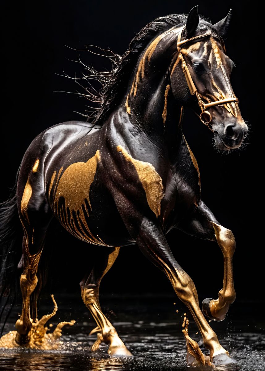 'black and gold horse art' Poster, picture, metal print, paint by mk ...