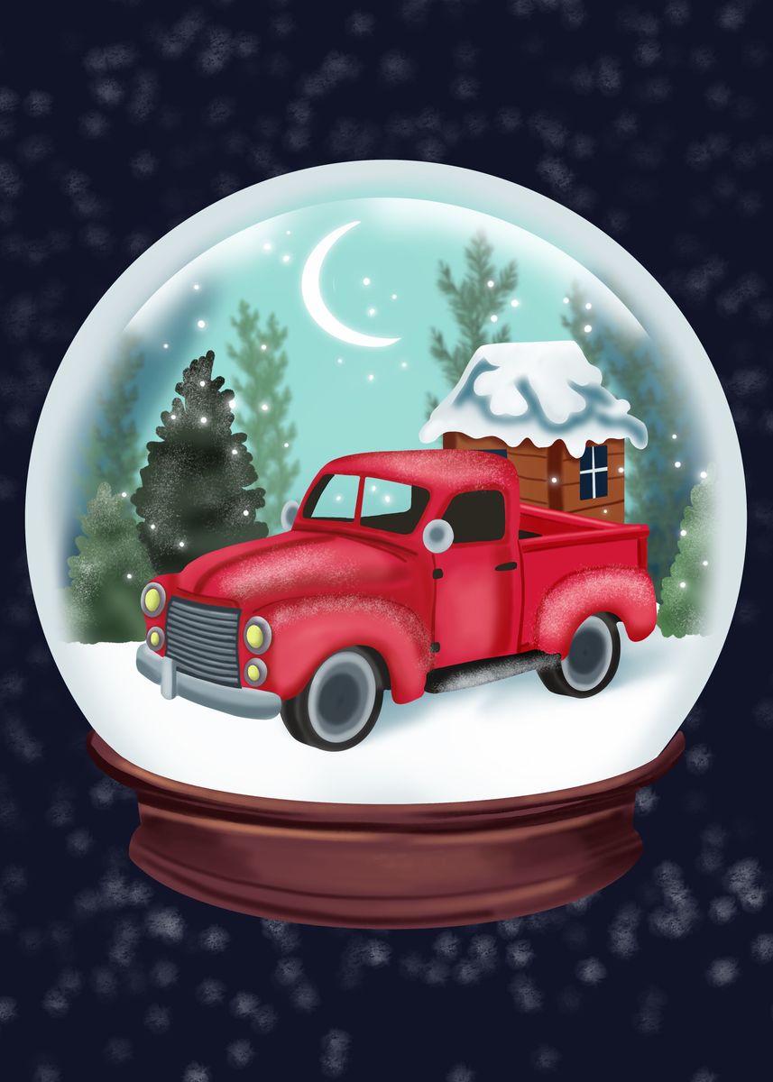'Red Truck Snow Globe' Poster, picture, metal print, paint by Art By ...