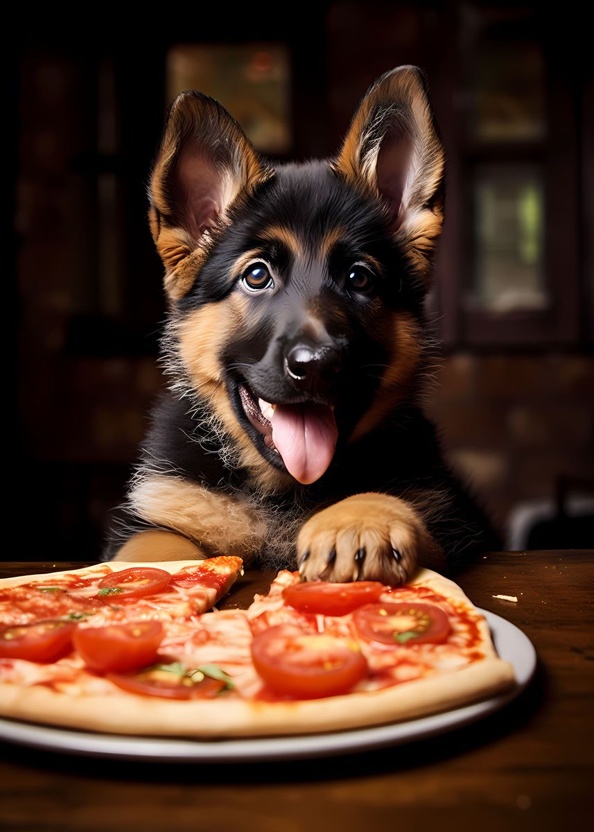 'German Shepherd Pizza Pup' Poster, picture, metal print, paint by ...