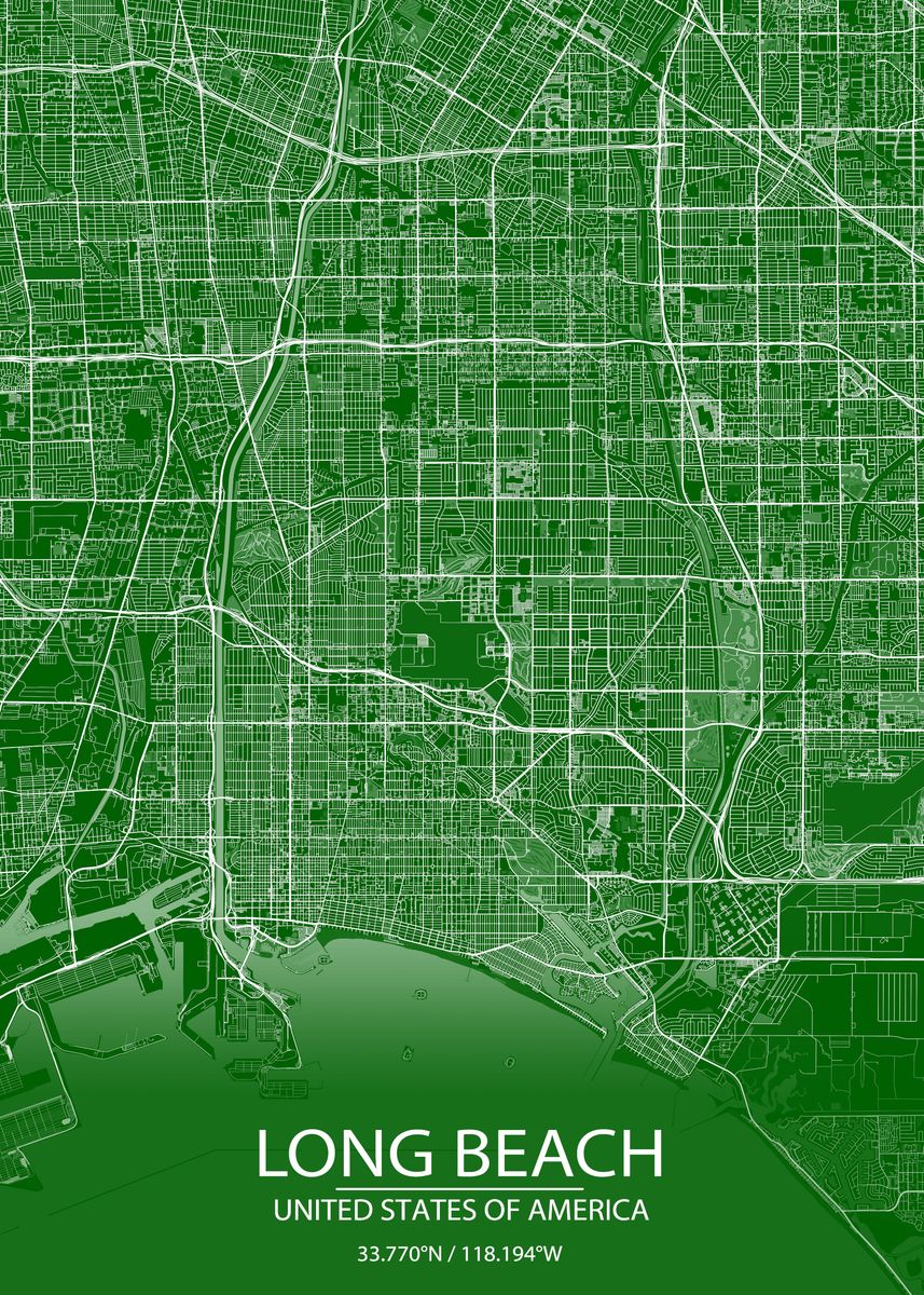 'Long Beach CA US Green Map' Poster, picture, metal print, paint by ...