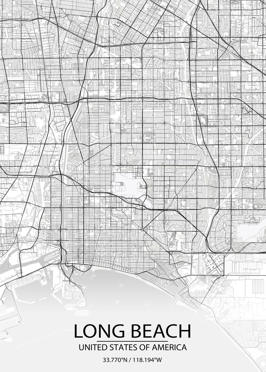 'Long Beach CA US White Map' Poster, picture, metal print, paint by ...