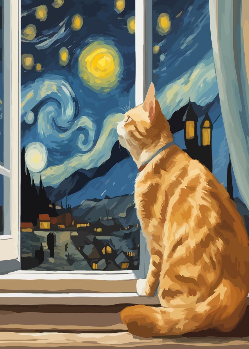 ' Starry Night Cat ' Poster, picture, metal print, paint by Animal ...