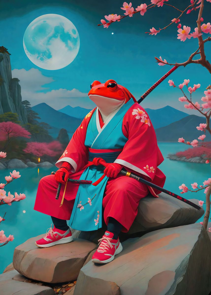 'Red frog samurai painting' Poster, picture, metal print, paint by Ji ...