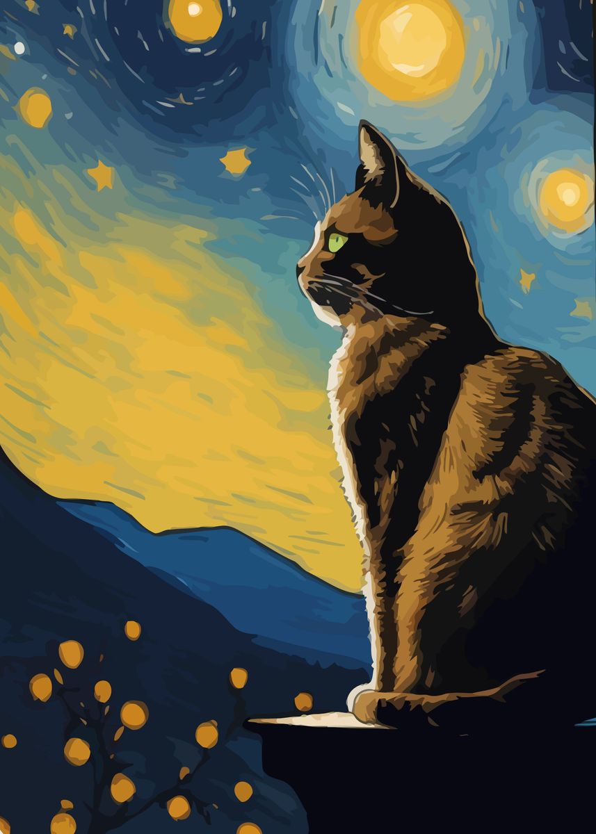 'Starry Night Cat ' Poster, picture, metal print, paint by Animal ...