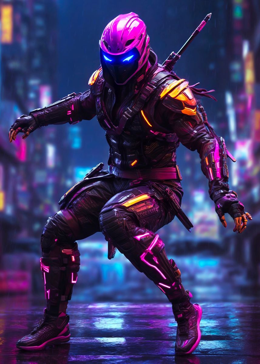 'Neon Ninja in CyberTown 01' Poster, picture, metal print, paint by J ...