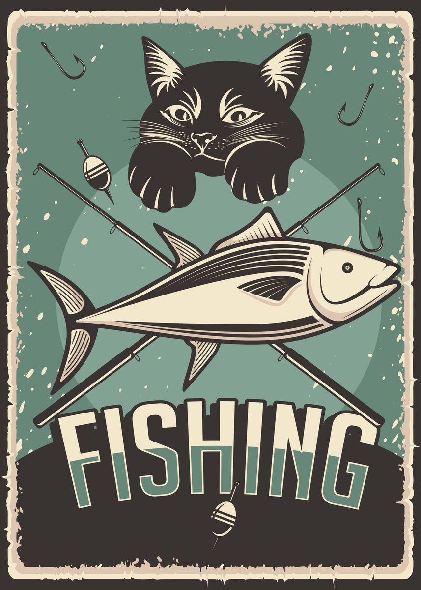 'Vintage Cat Fishing' Poster, picture, metal print, paint by XandYart ...