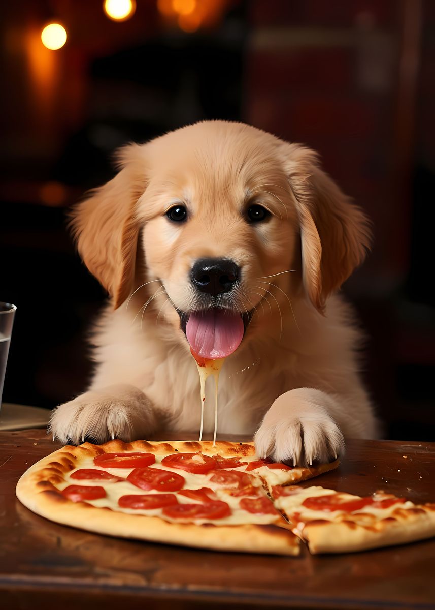 'Golden Retriever Pizza Pup' Poster, picture, metal print, paint by ...