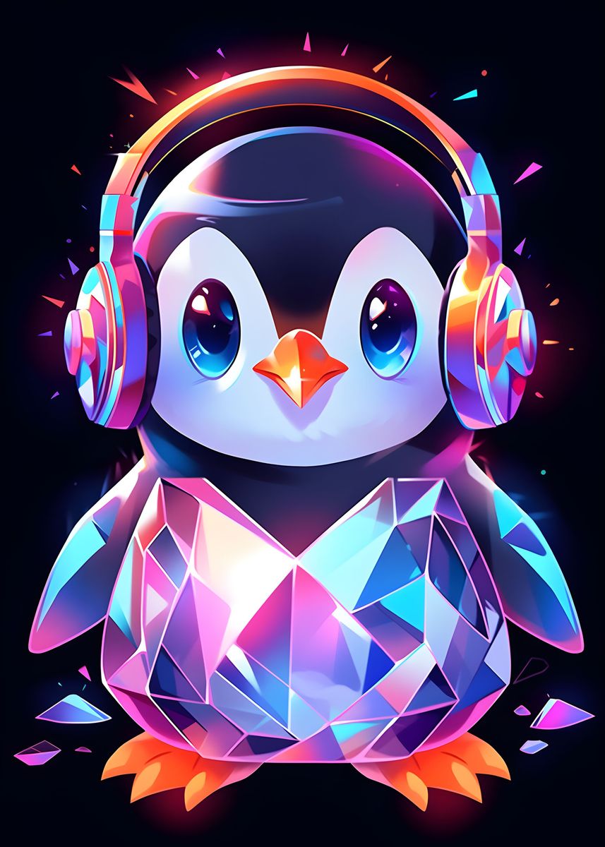 'Diamond Penguin Headphones' Poster, picture, metal print, paint by ...