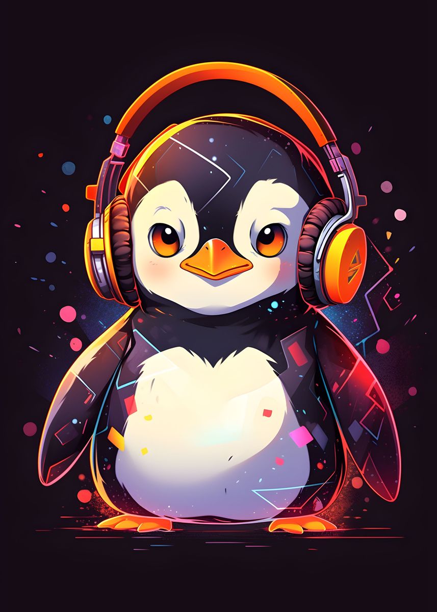 'Chill Penguin Headphones' Poster, picture, metal print, paint by ...