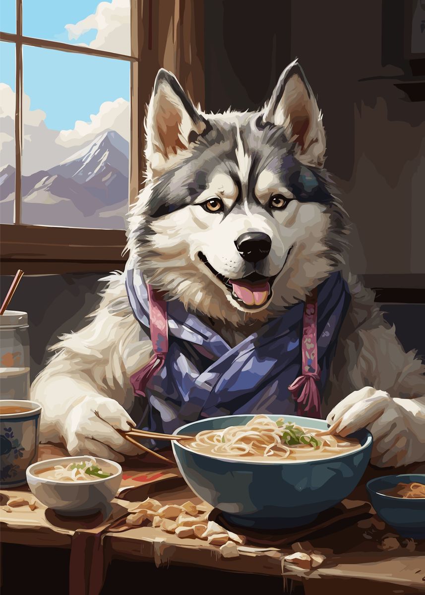 'Husky Eating Ramen' Poster, picture, metal print, paint by Jaman Store ...