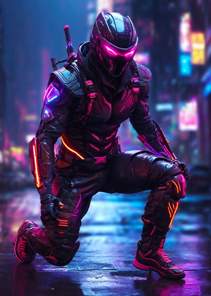'Neon Ninja in CyberTown 02' Poster, picture, metal print, paint by J ...