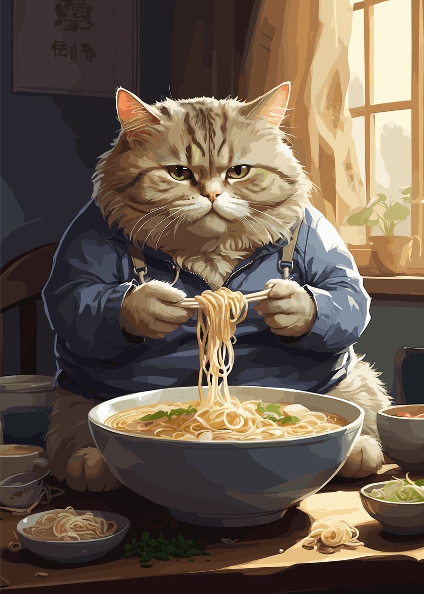 'Cat Eating Ramen' Poster, picture, metal print, paint by Lawisi ...