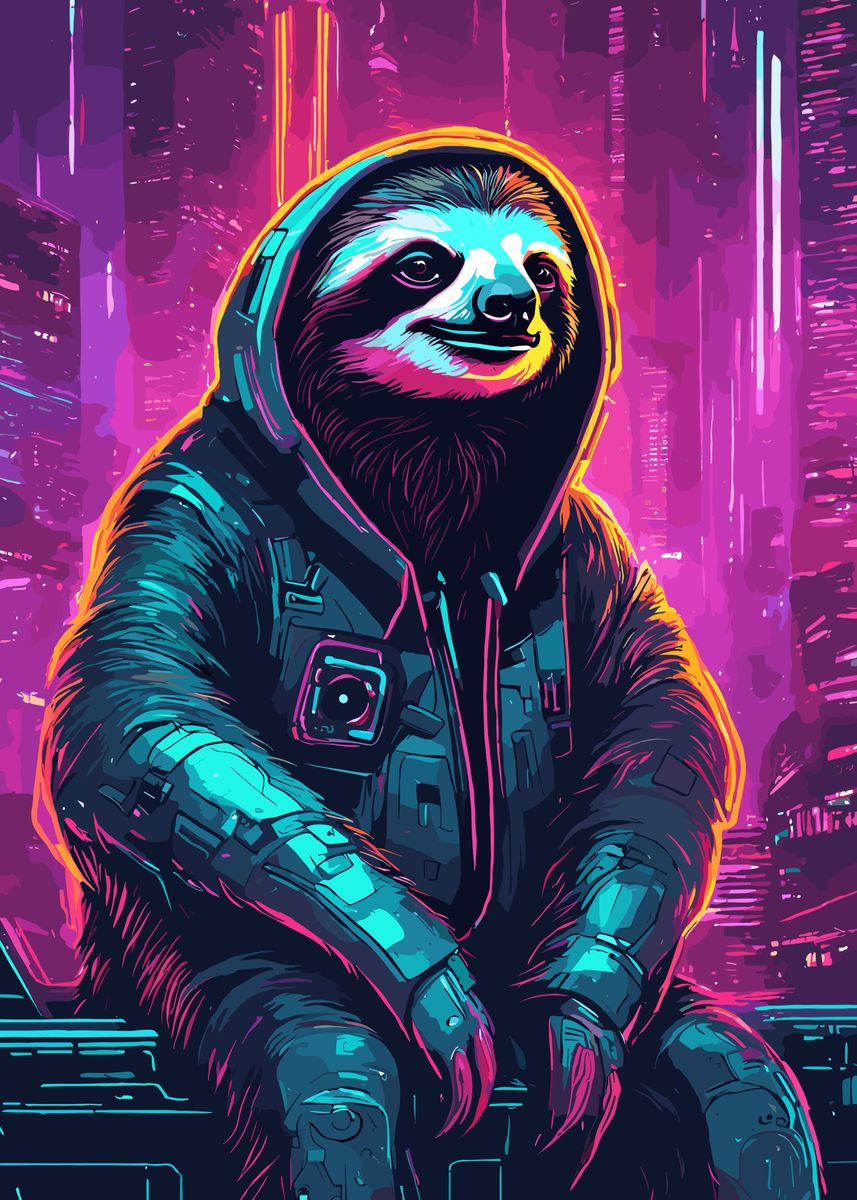 'Cool Sloth Neon Cyberpunk' Poster, picture, metal print, paint by Art ...