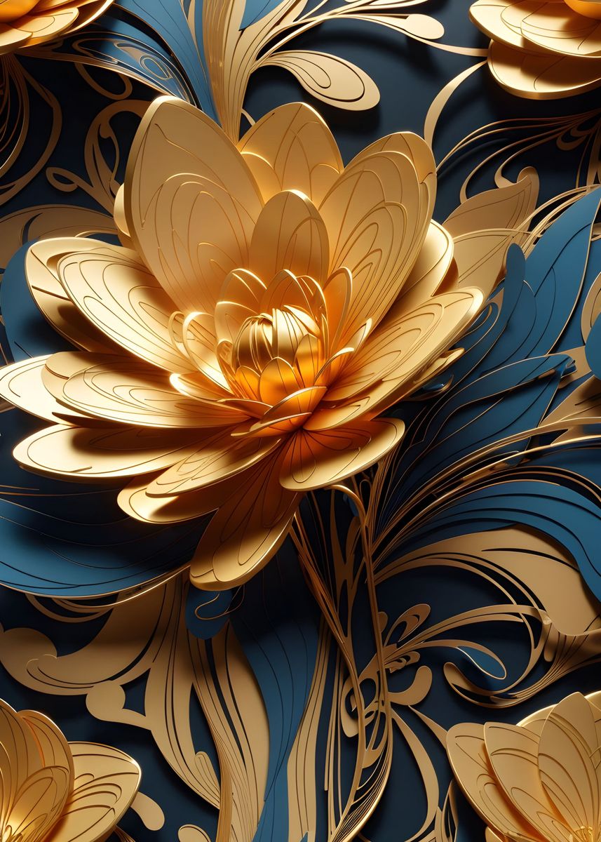 'Metallic gold blue flower' Poster, picture, metal print, paint by Ayen ...