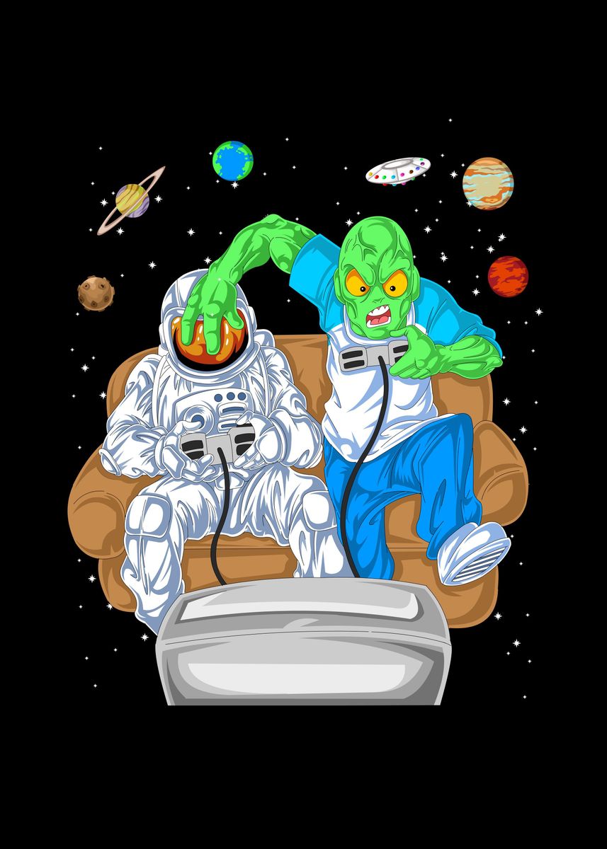 'gamer astronaut and alien' Poster, picture, metal print, paint by ...