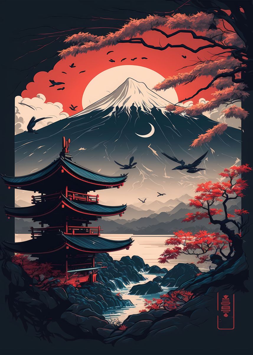 'Red Moon Japan' Poster, picture, metal print, paint by Sakura Art ...
