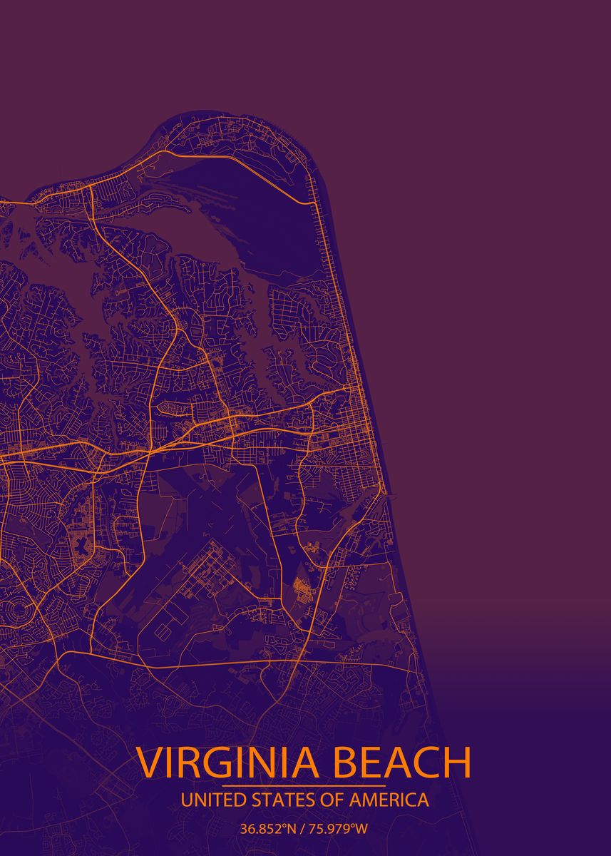 'Virginia Beach Purple Map' Poster, picture, metal print, paint by Wall ...