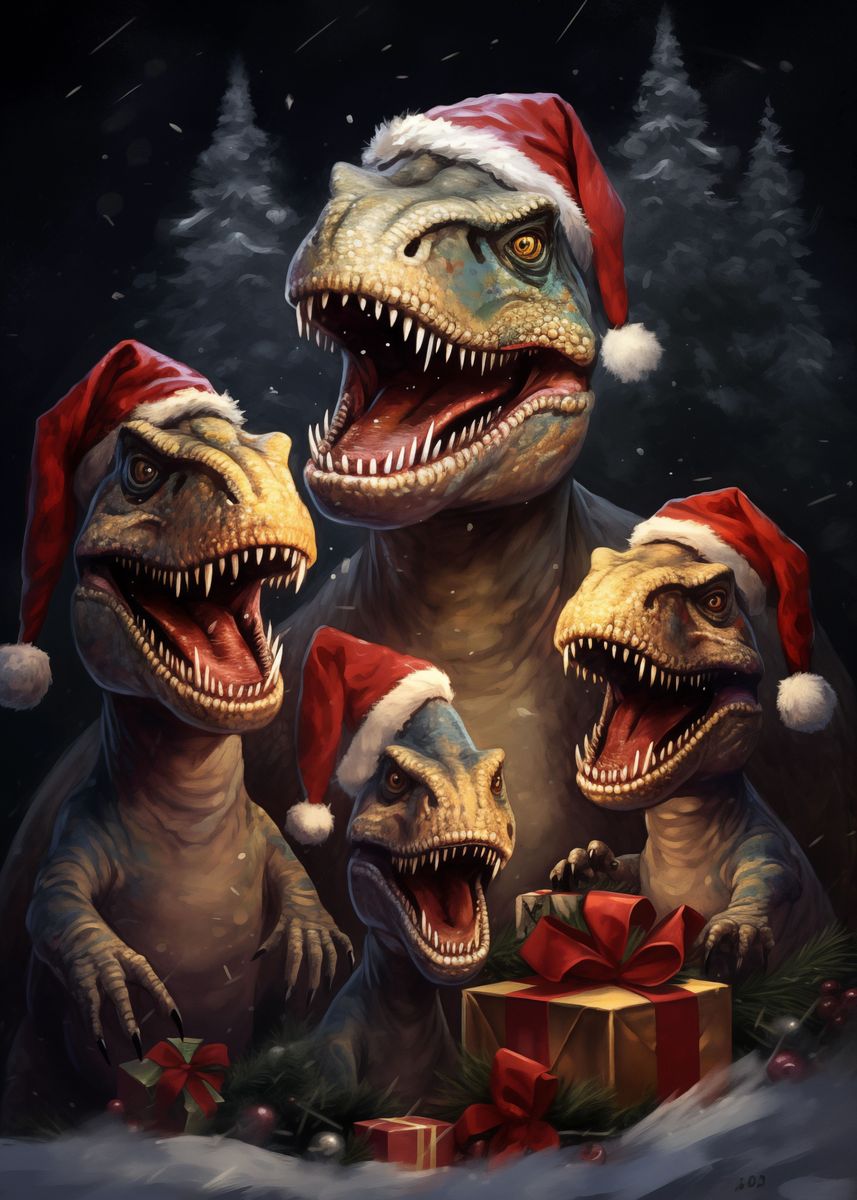 'T Rex Xmas Family' Poster, picture, metal print, paint by Anusha ...