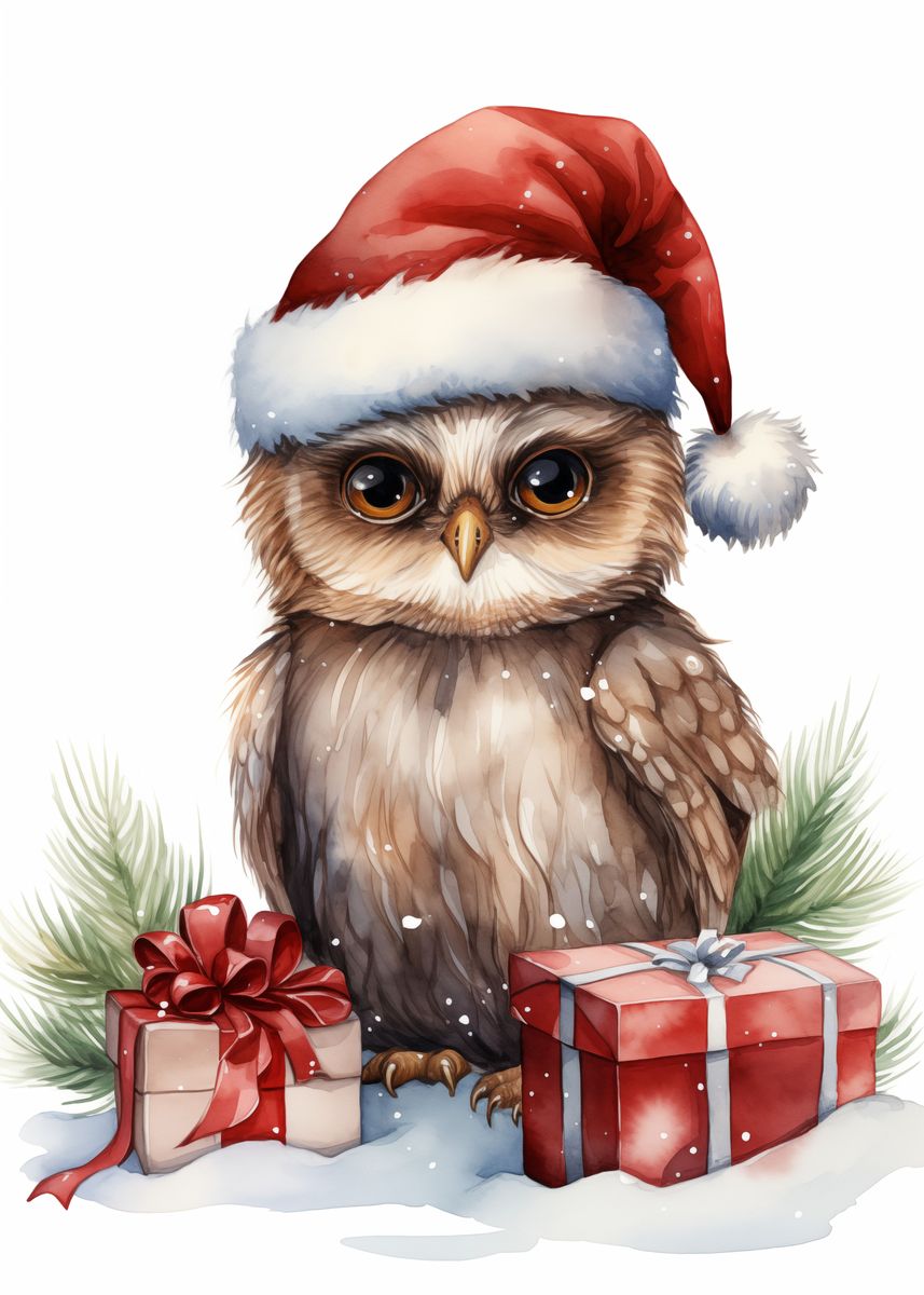 'Christmas Owl painting' Poster, picture, metal print, paint by Lillian ...