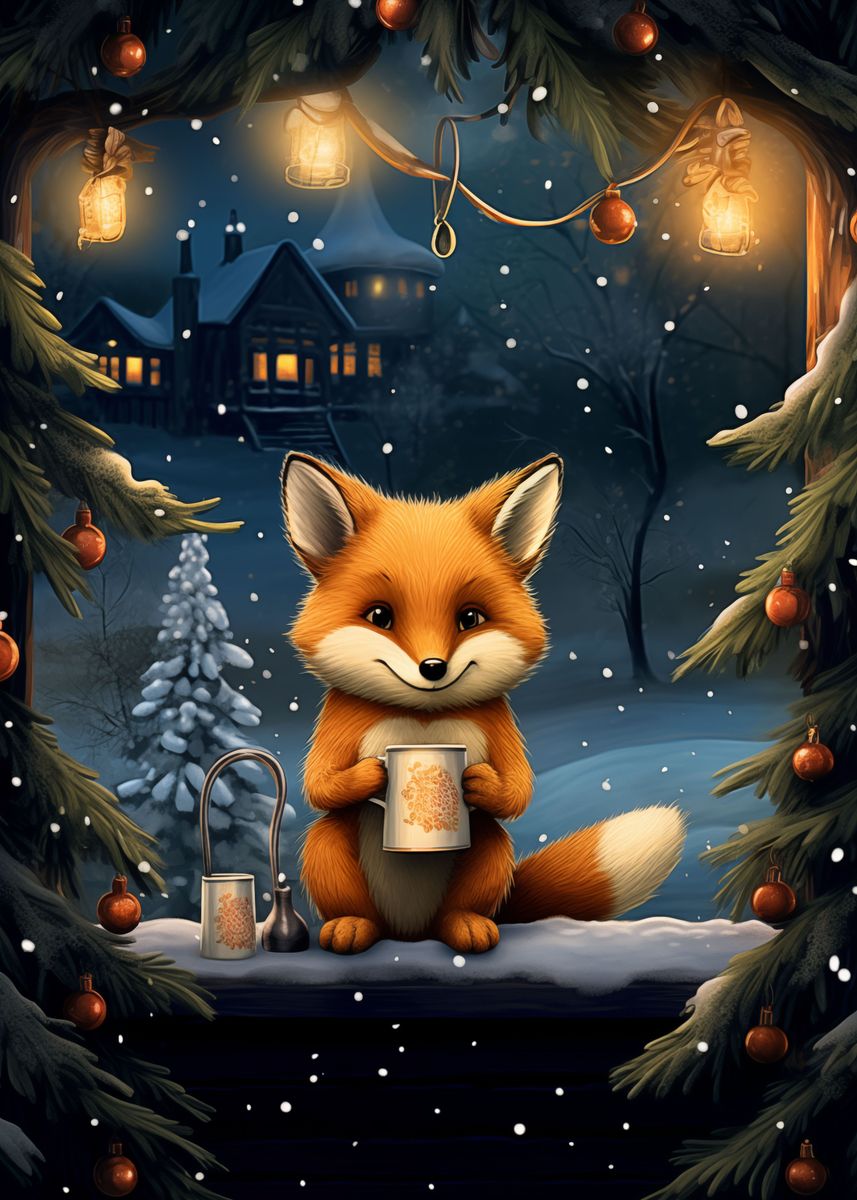 'Xmas Cute Fox Tea' Poster, picture, metal print, paint by Ramiyah Knutsonedy | Displate